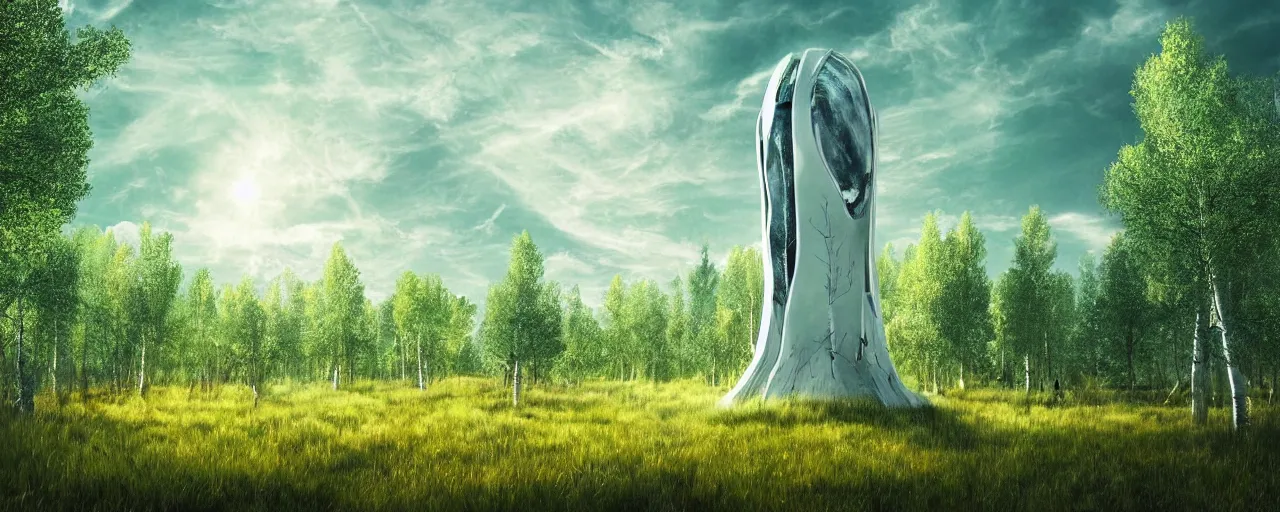 large white alien tower in the centre of an open green | Stable ...