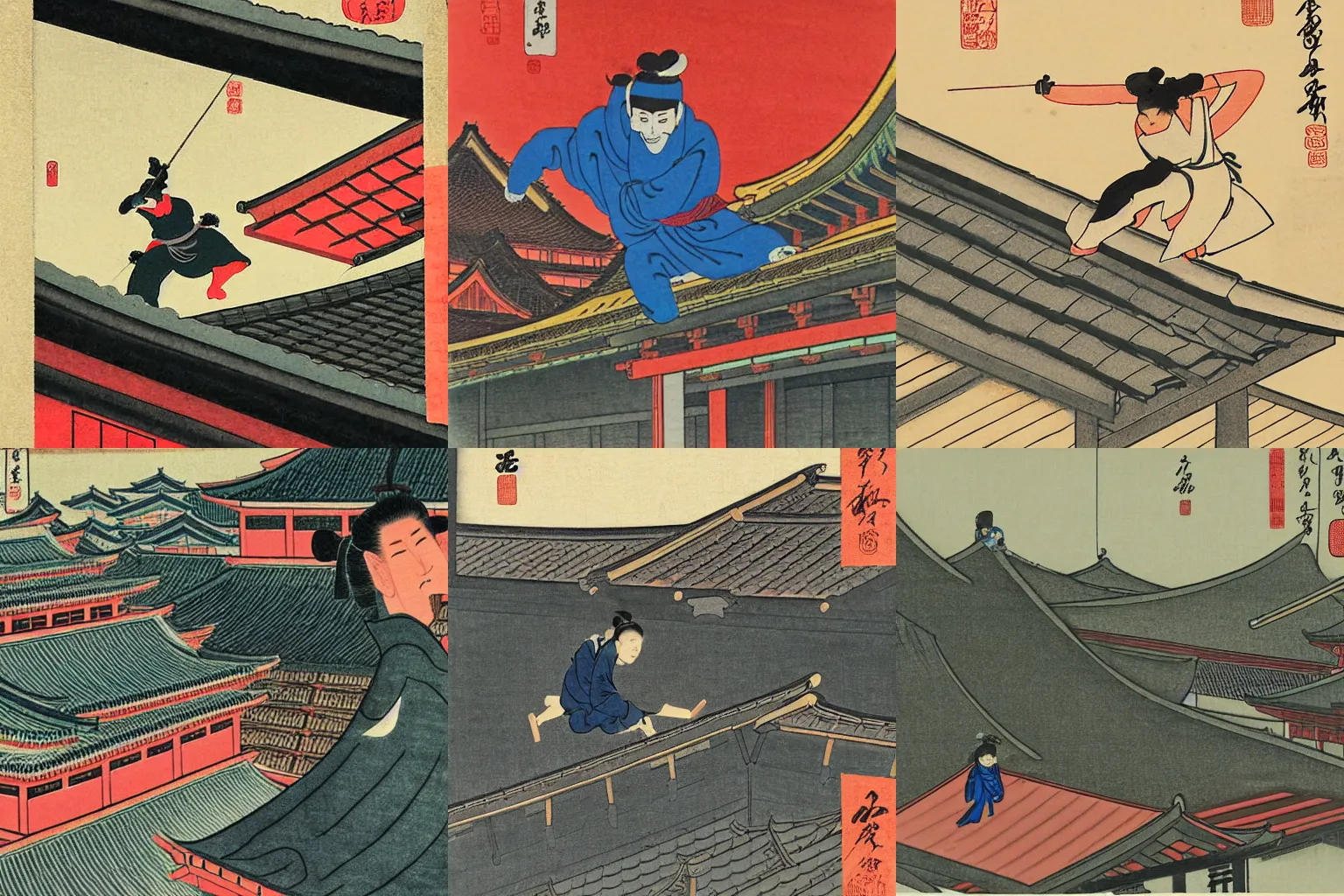 ninja on the roof of a chinese building, ukiyo-e, | Stable Diffusion ...