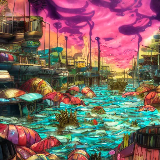 painted anime background of a flooded underwater slums | Stable Diffusion