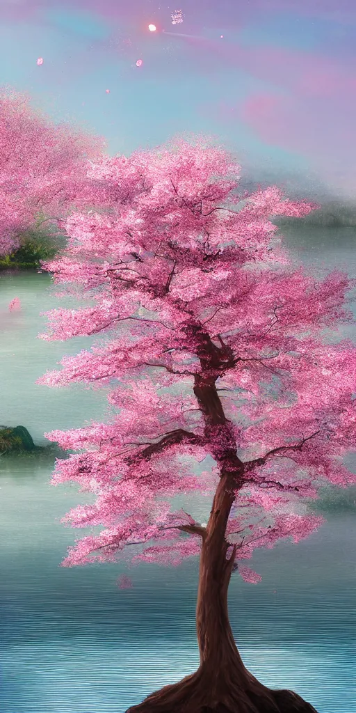 a single sakura tree growing upon an island in a lake, | Stable ...