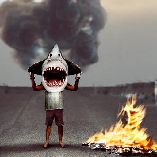 Shark head with human body standing besides a barrel | Stable Diffusion