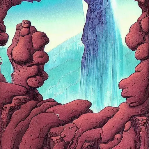 ”strange creatures staring into a waterfall, moebius | Stable Diffusion ...