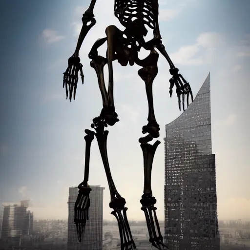 giant human skeleton climbing side of a ( ( skyscraper | Stable ...