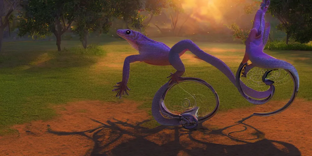 gecko riding a unicycle at sunrise, photo real, ultra | Stable ...