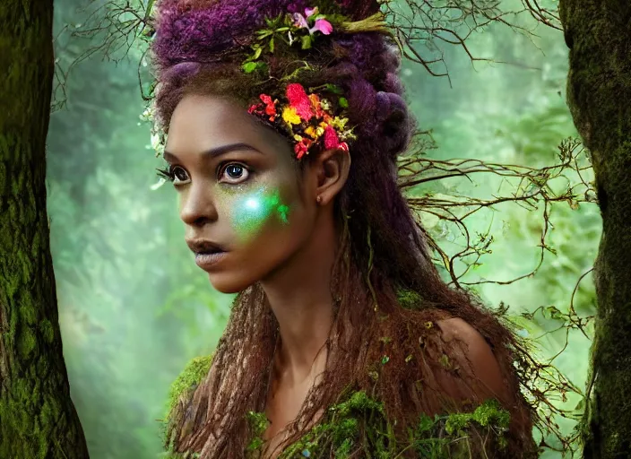 a magical forest dryad, brown skin like soil, flowers | Stable ...