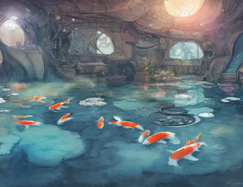 koi pond in a space fortress. this watercolor painting | Stable Diffusion