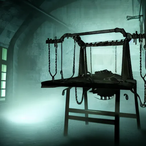 scary dungeon with torture devices and restraints, | Stable Diffusion
