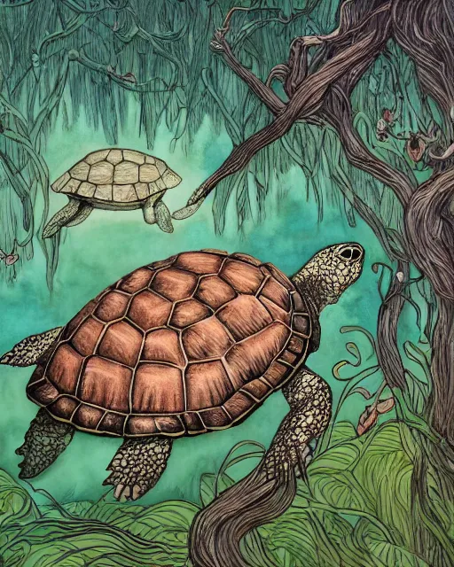 Goddess of the swamp, a drawing of a turtle with a | Stable Diffusion ...
