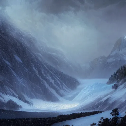 snowy mountains during a thunderstorm, noah bradley, | Stable Diffusion ...