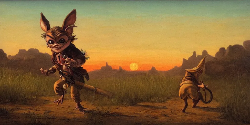 Gizmo the gremlin as a cowboy walking in the wild west | Stable Diffusion