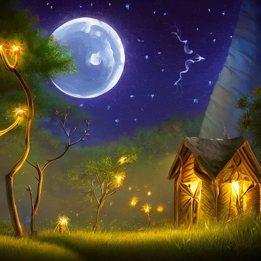woodland village, in the night, fantasy, crescent moon | Stable ...
