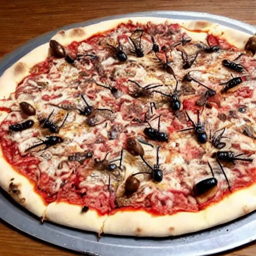 plenty of insects on a disgusting moldy pizza | Stable Diffusion
