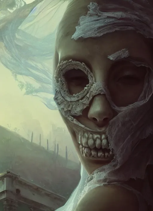 close up of a veiled half scull mask girl on the ruins | Stable ...