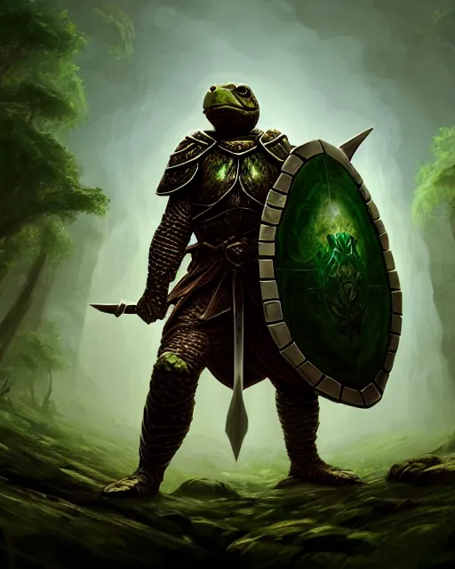 Turtle Warrior holding huge shield, forest background, | Stable Diffusion