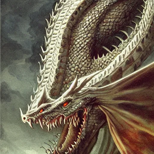 the head of an evil white dragon attacking a village, | Stable ...