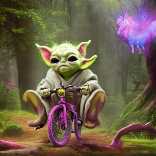 Portrait of Baby yoda riding a unicorn in a fantasy | Stable Diffusion