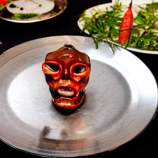 The head of a demon served on a silver platter at a | Stable Diffusion ...