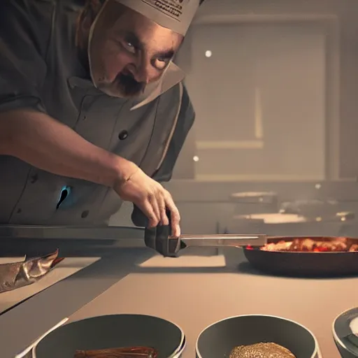a chef cutting sad fat carp in the kitchen, cinematic | Stable Diffusion