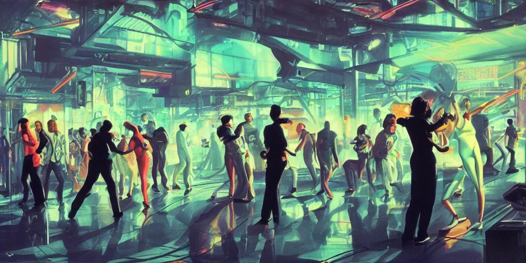 people dancing in a cyberpunk nightclub with a large | Stable Diffusion