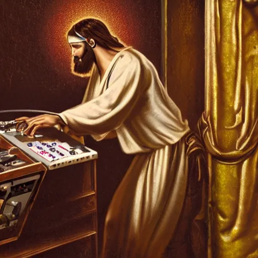 jesus is the Disk Jockey in a seedy nightclub in new | Stable Diffusion ...