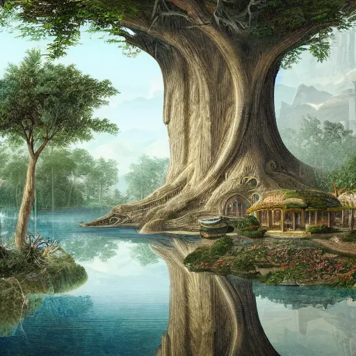 landscape of a city made inside giant trees surrounded | Stable Diffusion