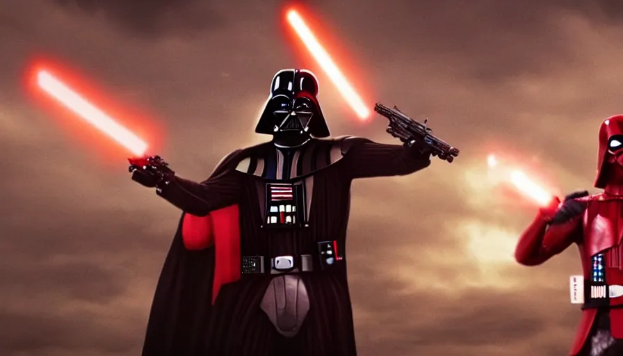 Darth Vader pointing a tommy gun at Deadpool, epic | Stable Diffusion ...