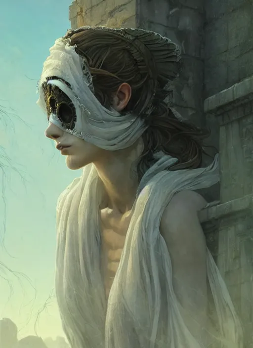 close up of a veiled half scull mask girl on the ruins | Stable ...