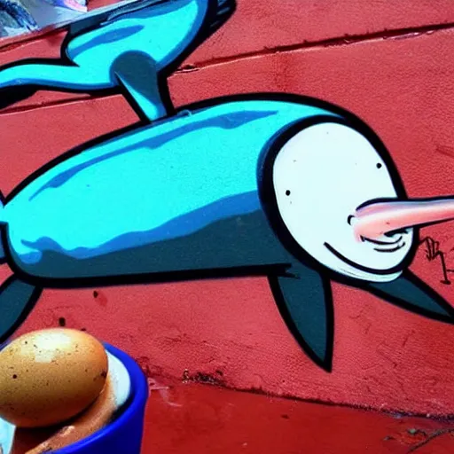 epic graffiti art of a narwhal cooking bacon and eggs | Stable ...