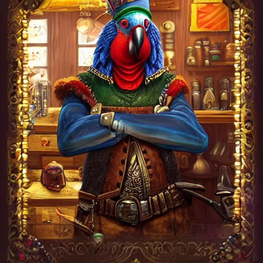 Anthropomorphized parrot trader in his shop, portrait, | Stable ...
