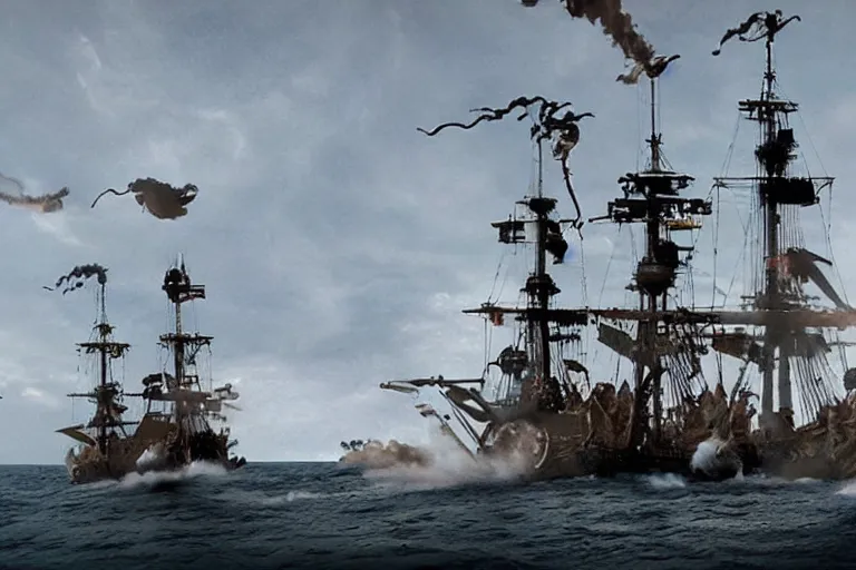 vfx movie closeup pirate ships firing canons by | Stable Diffusion ...