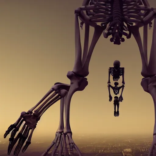 large human skeleton climbing side of a ( ( skyscraper | Stable ...