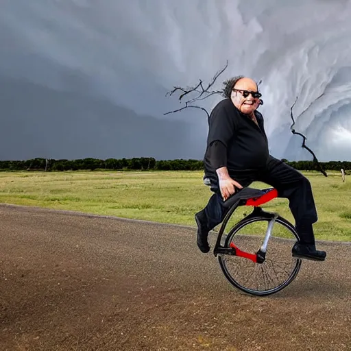 Danny devito riding a unicycle beside a tornado in | Stable Diffusion