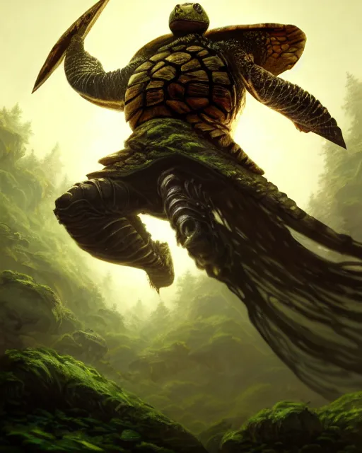 Turtle Warrior holding huge shield, forest background, | Stable Diffusion