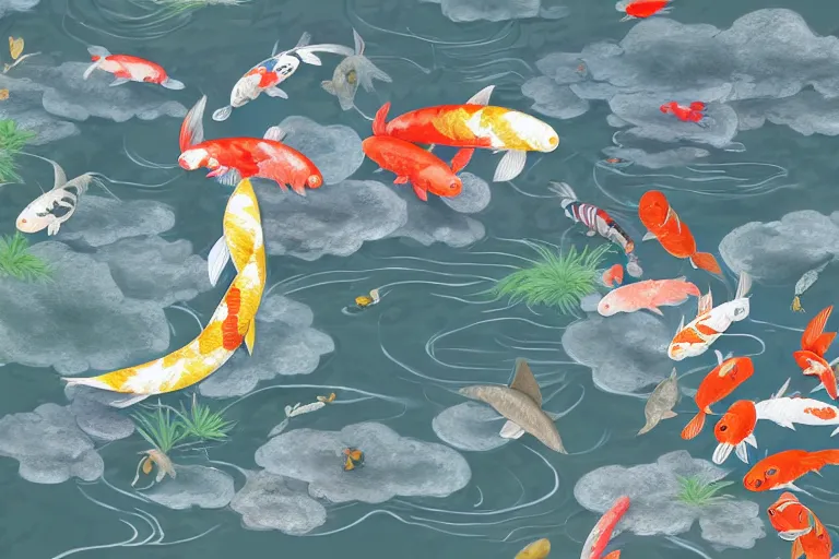 Japanese illustration (digital art) of a koi pond for | Stable Diffusion | OpenArt
