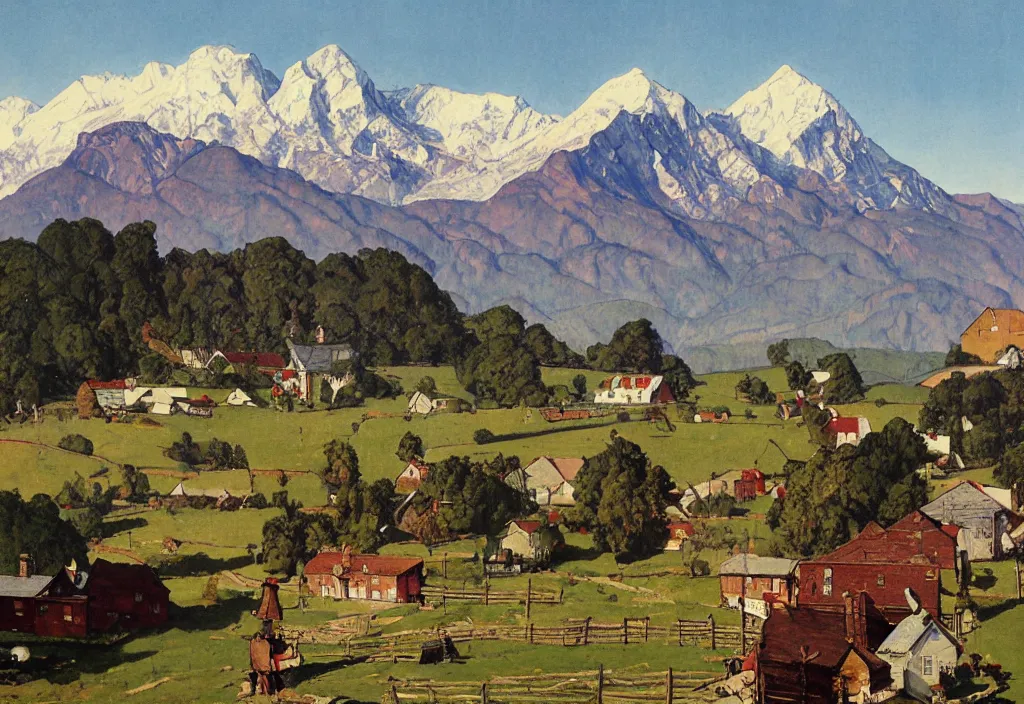 painting of a rural town with mountains in the | Stable Diffusion | OpenArt