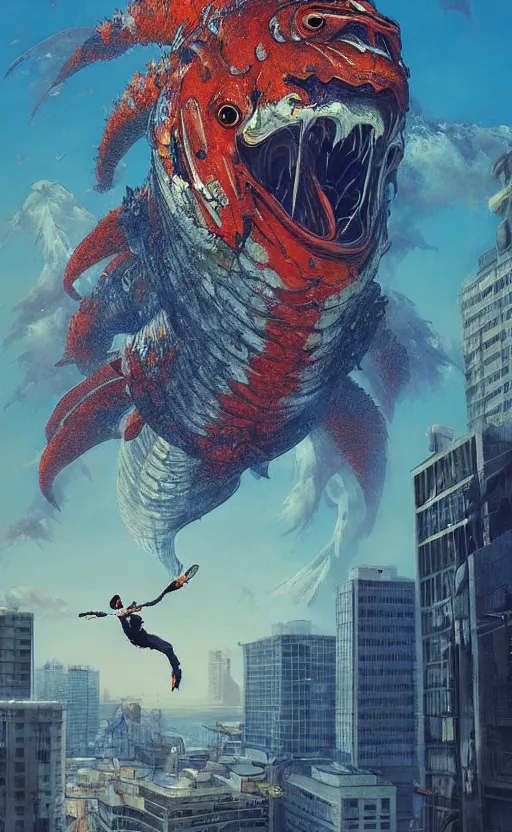 a giant koi fish Kaiju smashing through skyscrapers, | Stable Diffusion ...