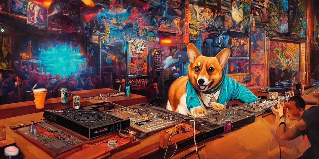 beautiful painting of hiphop DJ corgi lofi performing | Stable ...