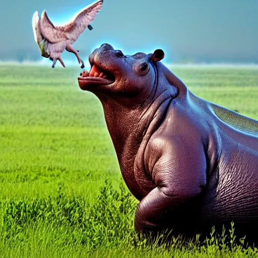 a hippopotamus with angel wings flying over a green | Stable Diffusion ...