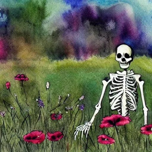 skeleton on a meadow surrounded by flowers, watercolor | Stable ...