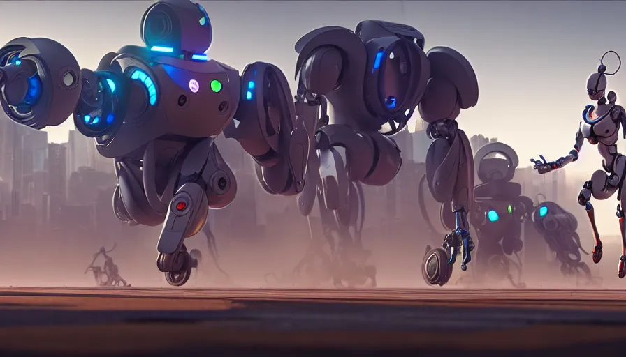 running robots in a marathon, works by artgerm, greg | Stable Diffusion