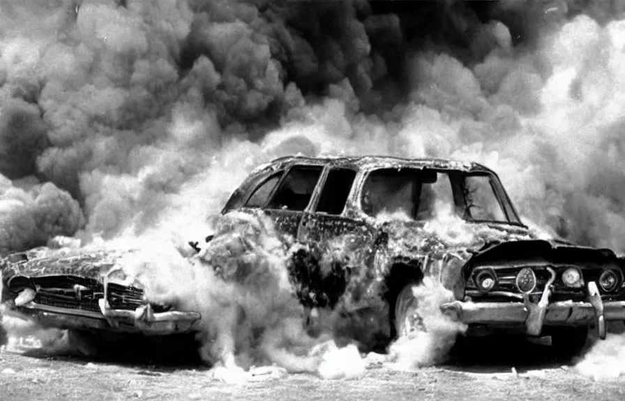 exploding car, vintage movie still | Stable Diffusion
