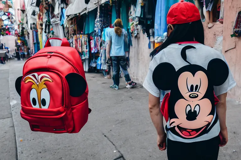bootleg disney backpack being sold in an alley market, | Stable Diffusion