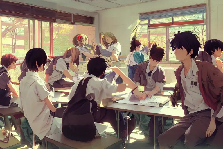 boy's love anime high school classroom scene spring | Stable Diffusion ...