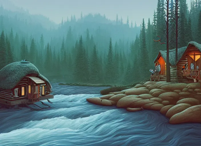matte sharp painting, a river running past a cozy | Stable Diffusion ...