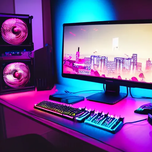a synthwave pc gaming setup, photography | Stable Diffusion