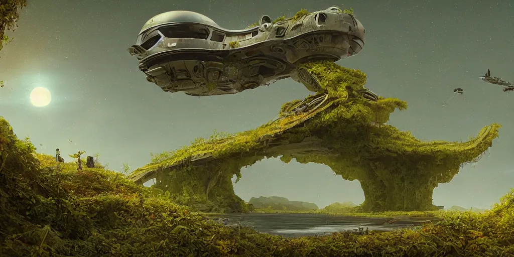 a crashed, abandoned spaceship overgrown with vines | Stable Diffusion