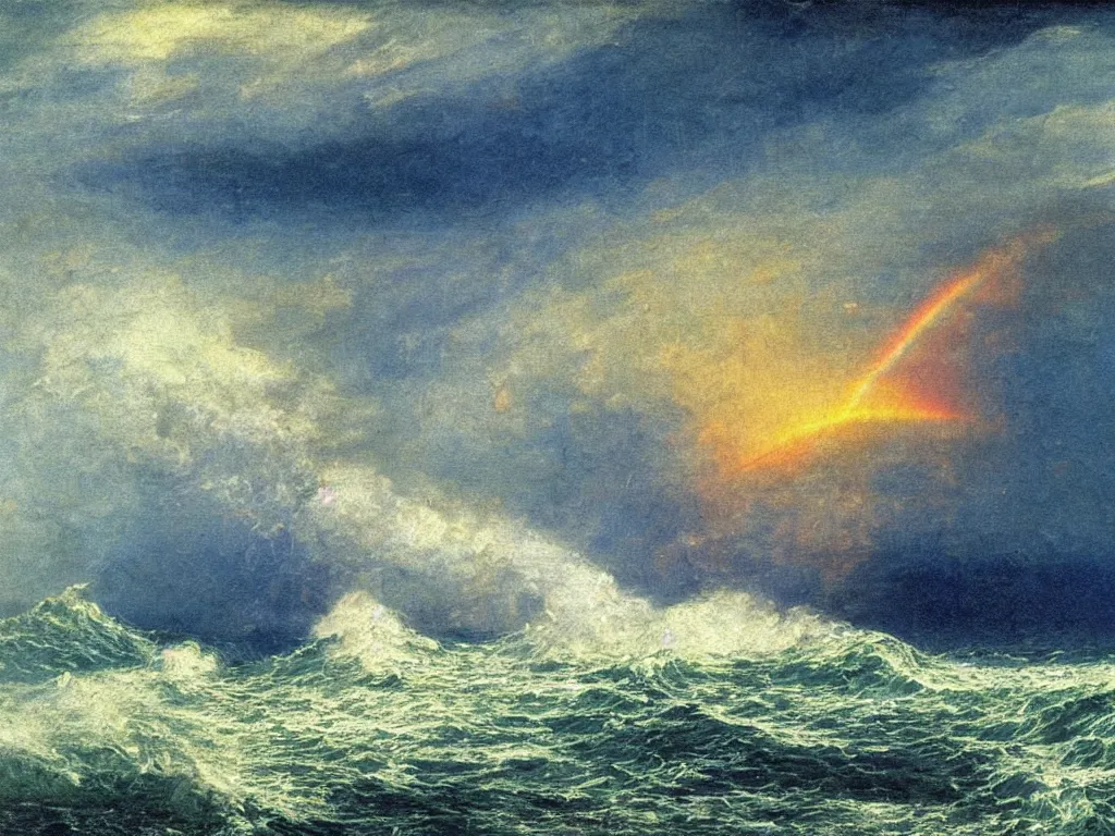 Ocean burning, rainbow oil, fumes, giant waves. | Stable Diffusion ...