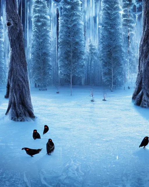 realistic scene of frozen forest and ravens, 8k, ultra | Stable ...