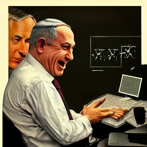 benjamin netanyahu laughing at computer screen, in | Stable Diffusion ...
