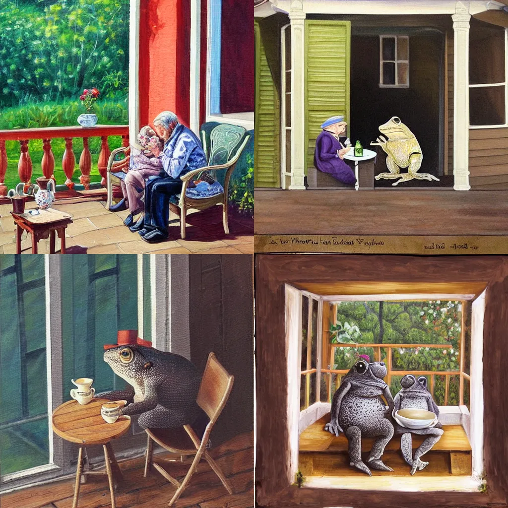 An elderly toad couple drinking tea on their porch. | Stable Diffusion | OpenArt